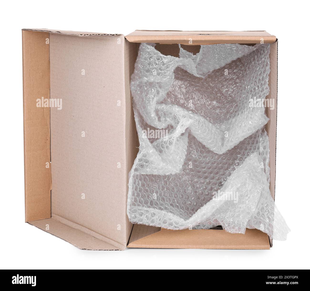 Transparent bubble wrap in cardboard box isolated on white Stock Photo ...