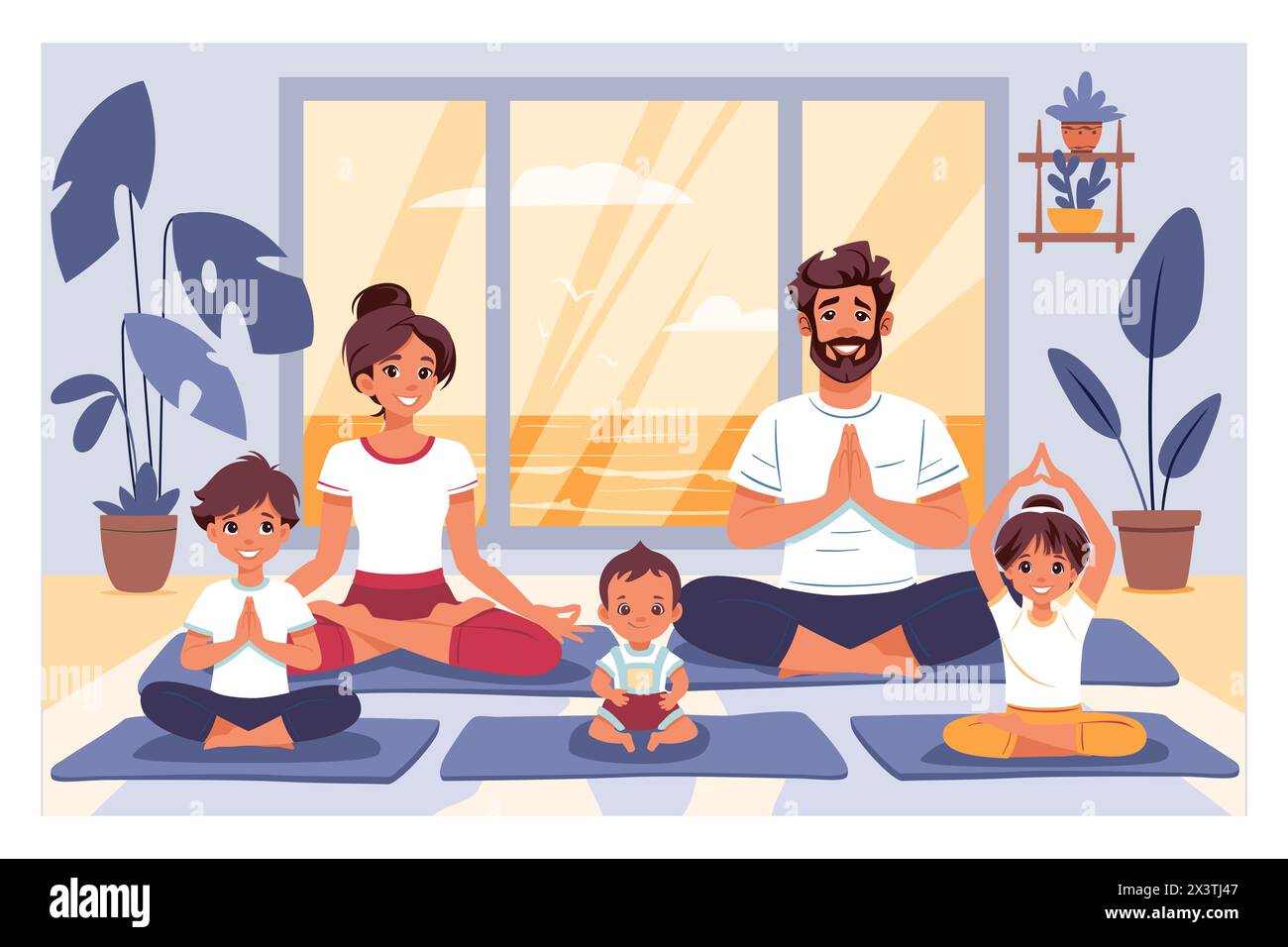 Mother, father and children doing yoga in lotus position at home. Family yoga fitness concept ...