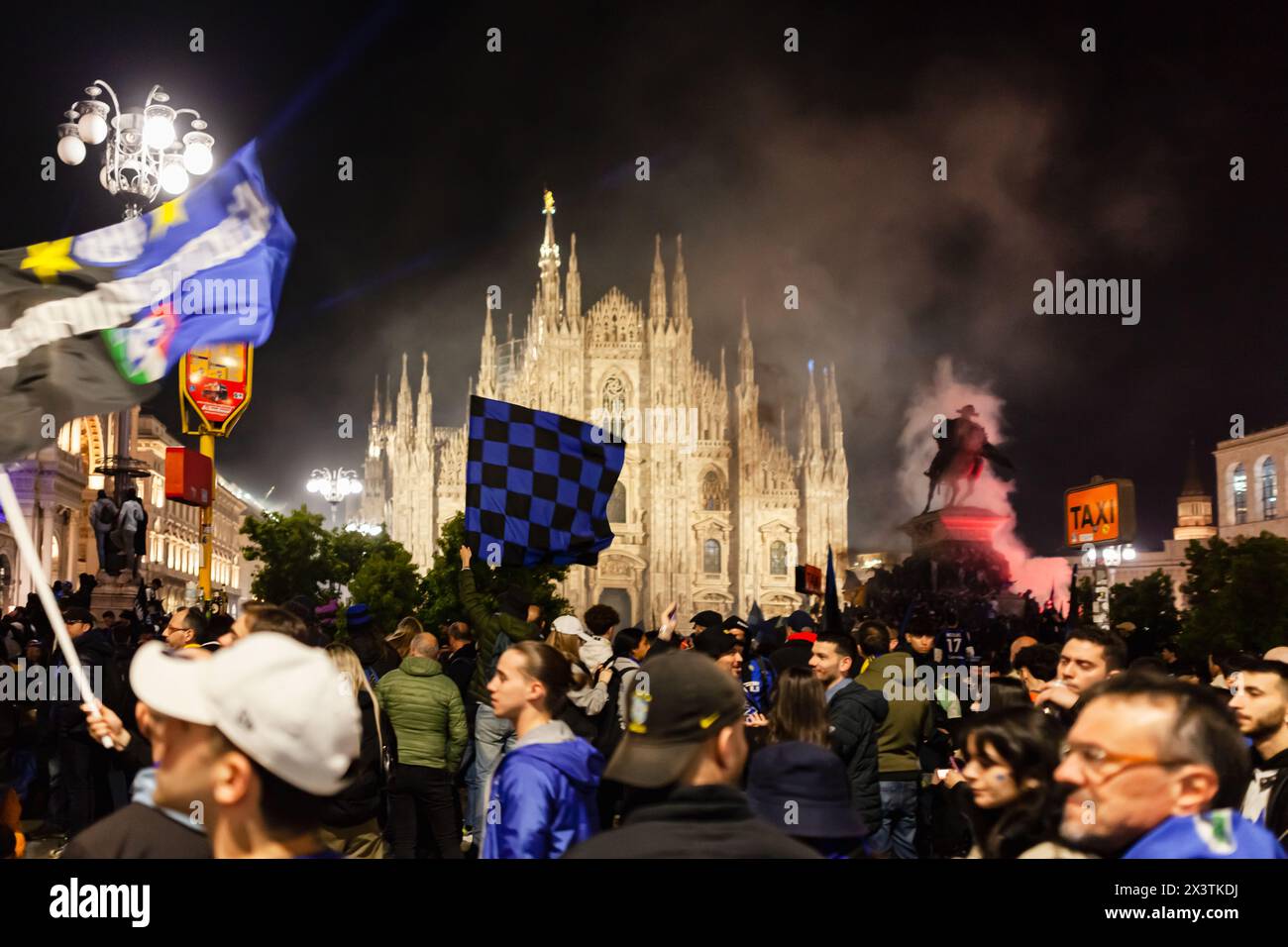 MILAN, ITALY - APRIL 28, 2024: The fans of F.C Internazionale celebrate ...
