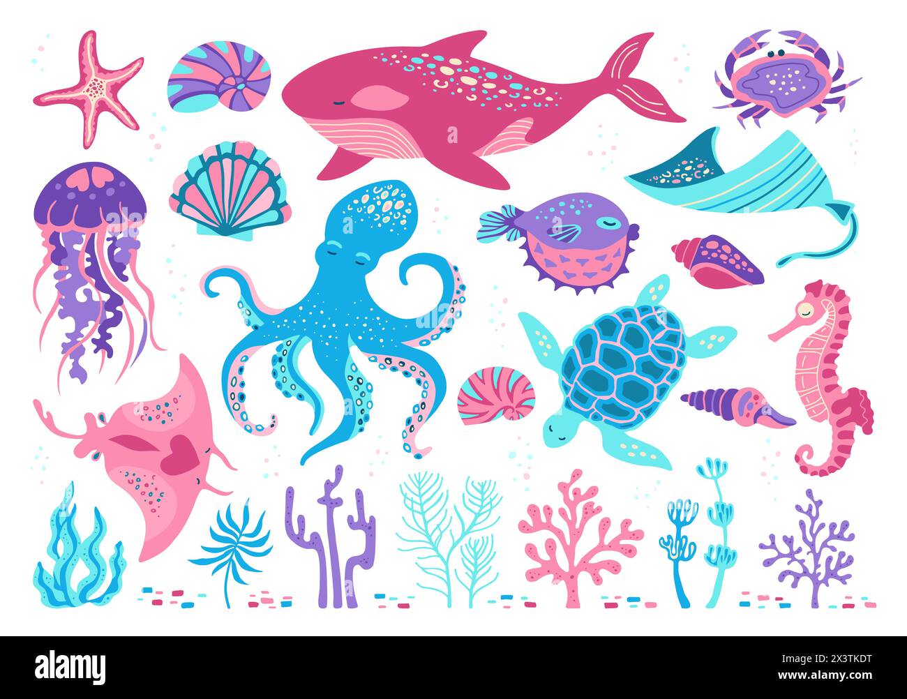 Ocean sea animals hand drawn cartoon set. Marine funny comic flat ...