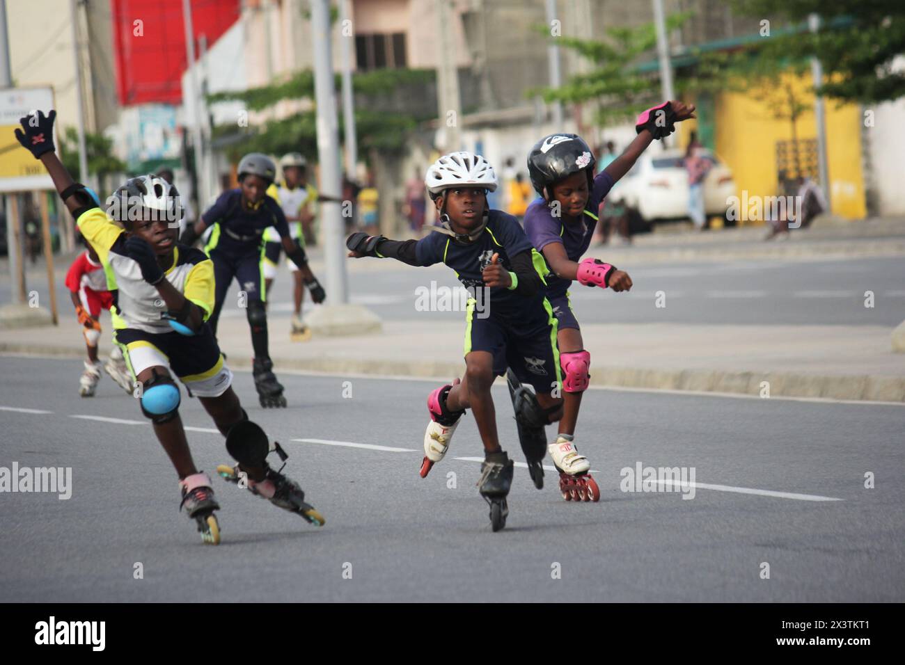 Cotonou, Benin. 28th Apr, 2024. Roller skaters compete in the speed roller skating during the ...