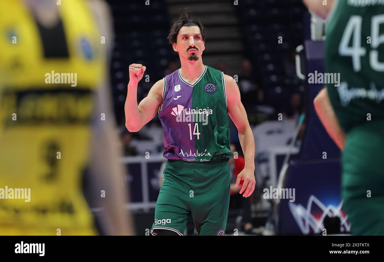 Belgrade, Serbia. 28th Apr, 2024. Unicaja's Nihad Dedovic celebrates ...