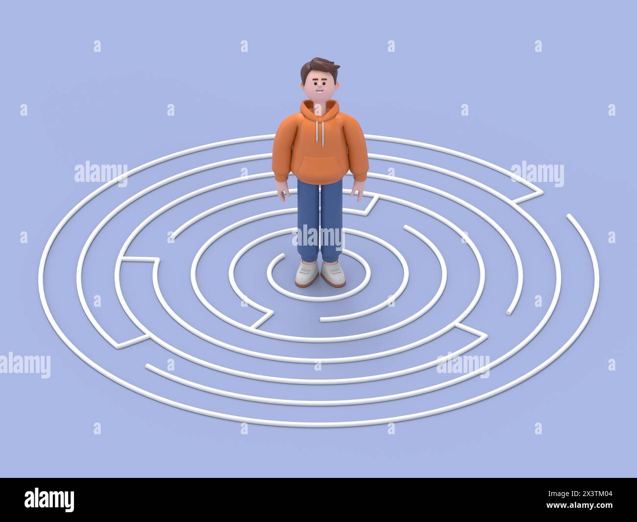 3D illustration of male guy Qadir standing in the center of a maze ...