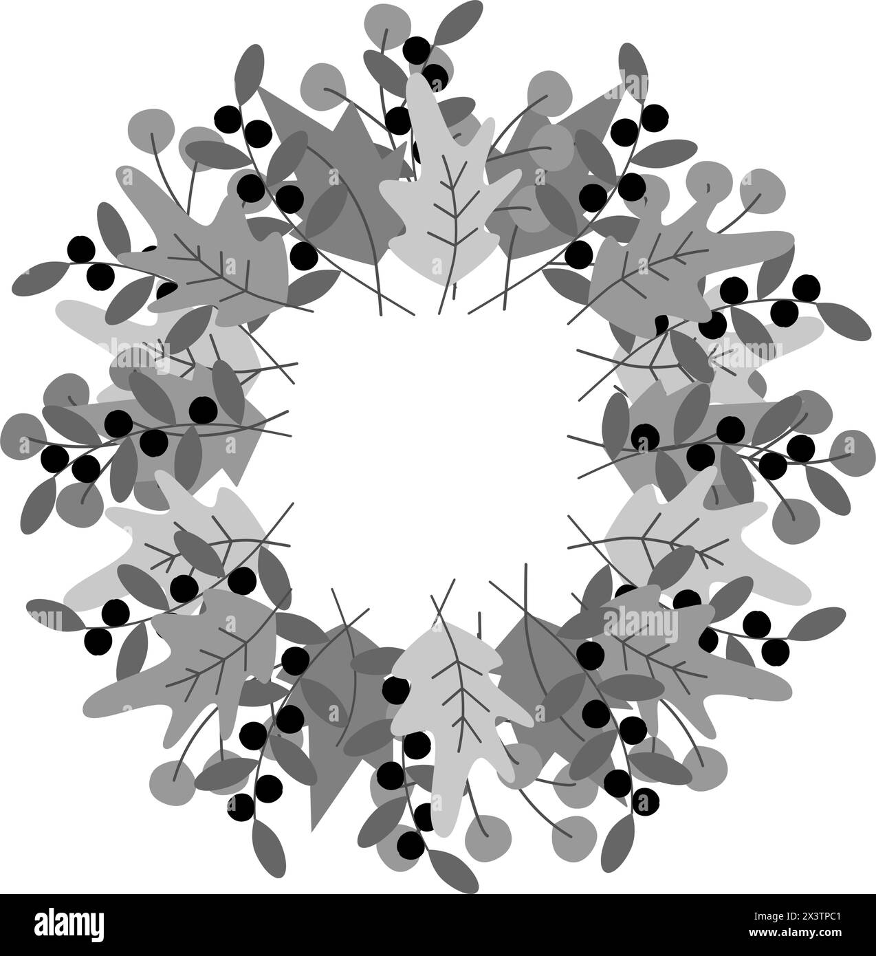 Wreath of autumn leaves and berry sprigs in grayscale Copy space ...