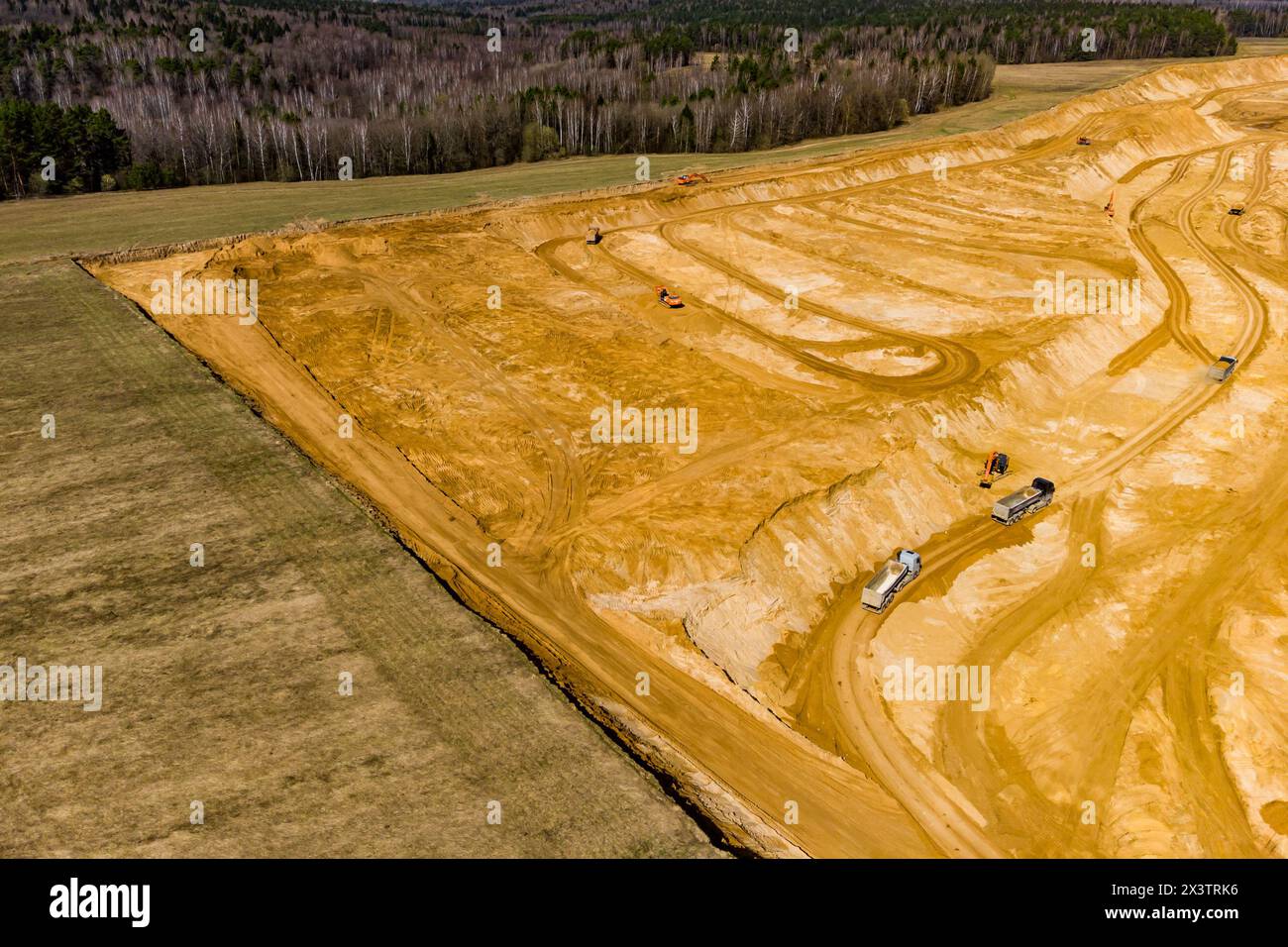 Top view of the edge of an active sand quarry, extraction of ...