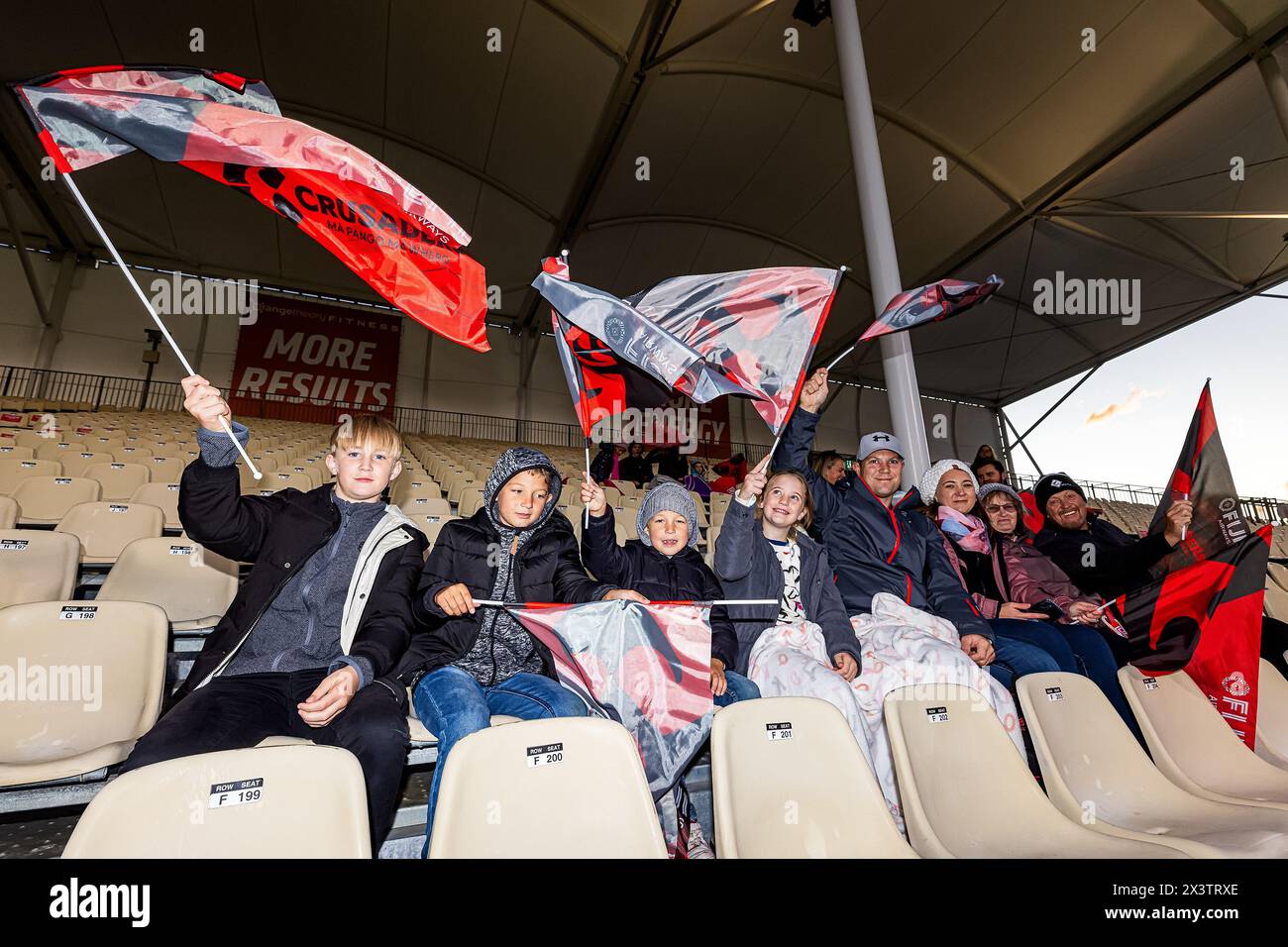 Christchurch, New Zealand, 26 April, 2024. Crusaders fans pose in high ...