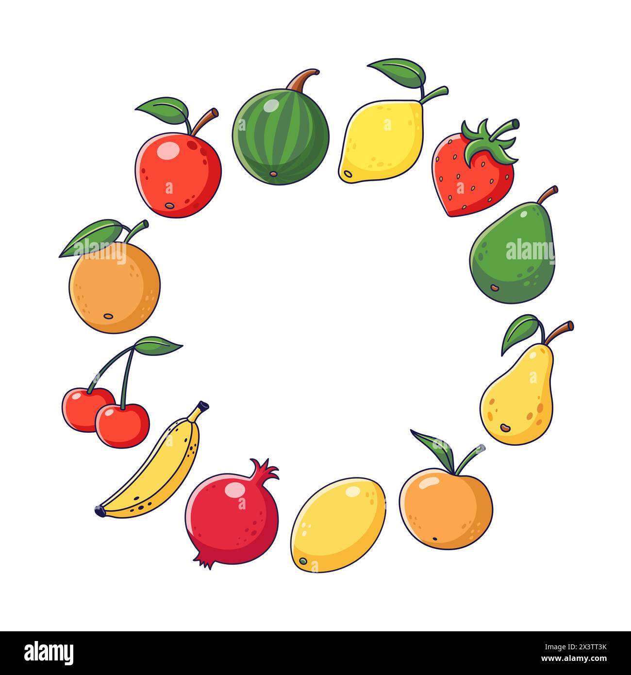 Cute Fruits round frame in cartoon style. Fruits collection. Fruits ...