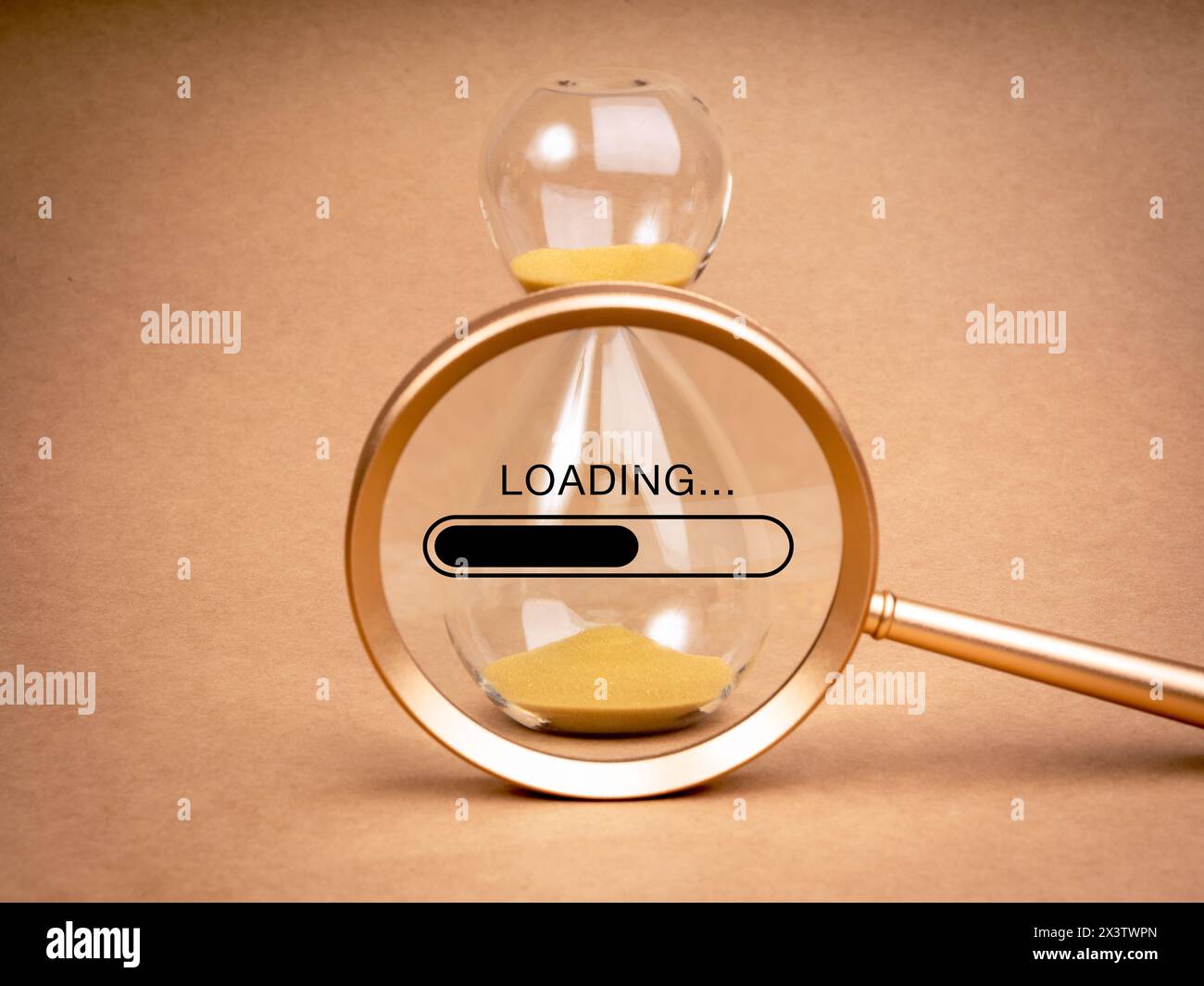 Loading update concept. Word "Loading..." with bar on simple hourglass ...