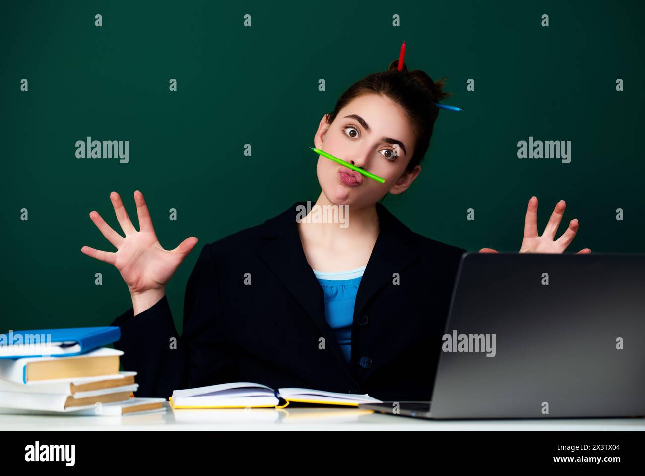 Crazy school girl want rest relax make break pause fool grimace pencil ...