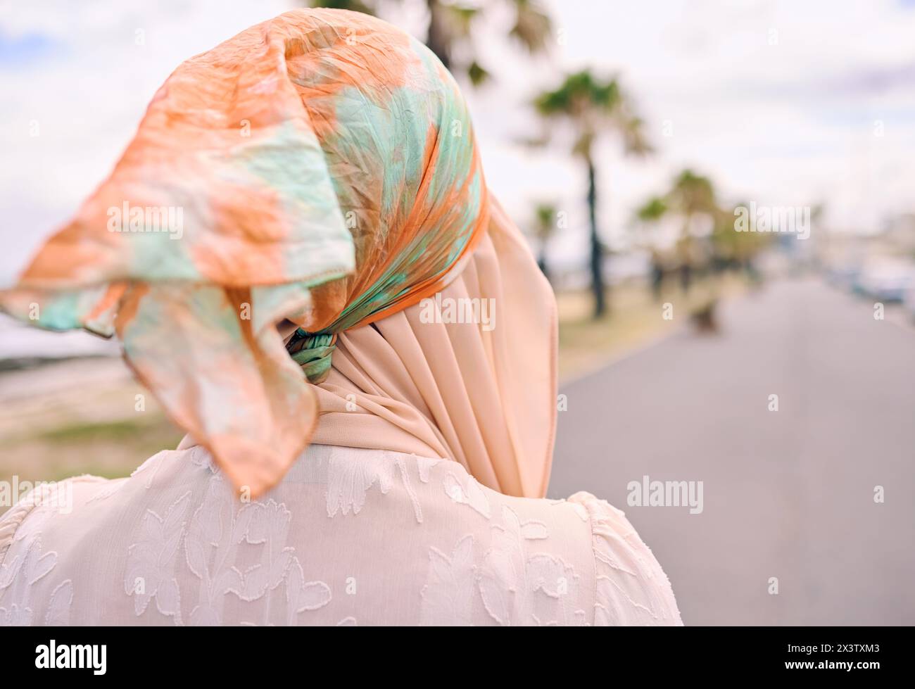 Fashion, walking and back of Muslim woman in city with style, trendy ...