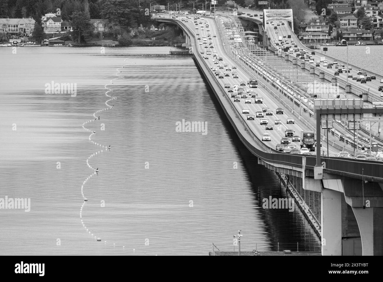 I-90 freeway floating bridge with traffic in black & white Stock Photo ...