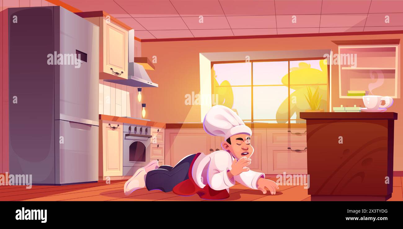 Chef in uniform and hat laying on floor of kitchen. Cartoon vector ...