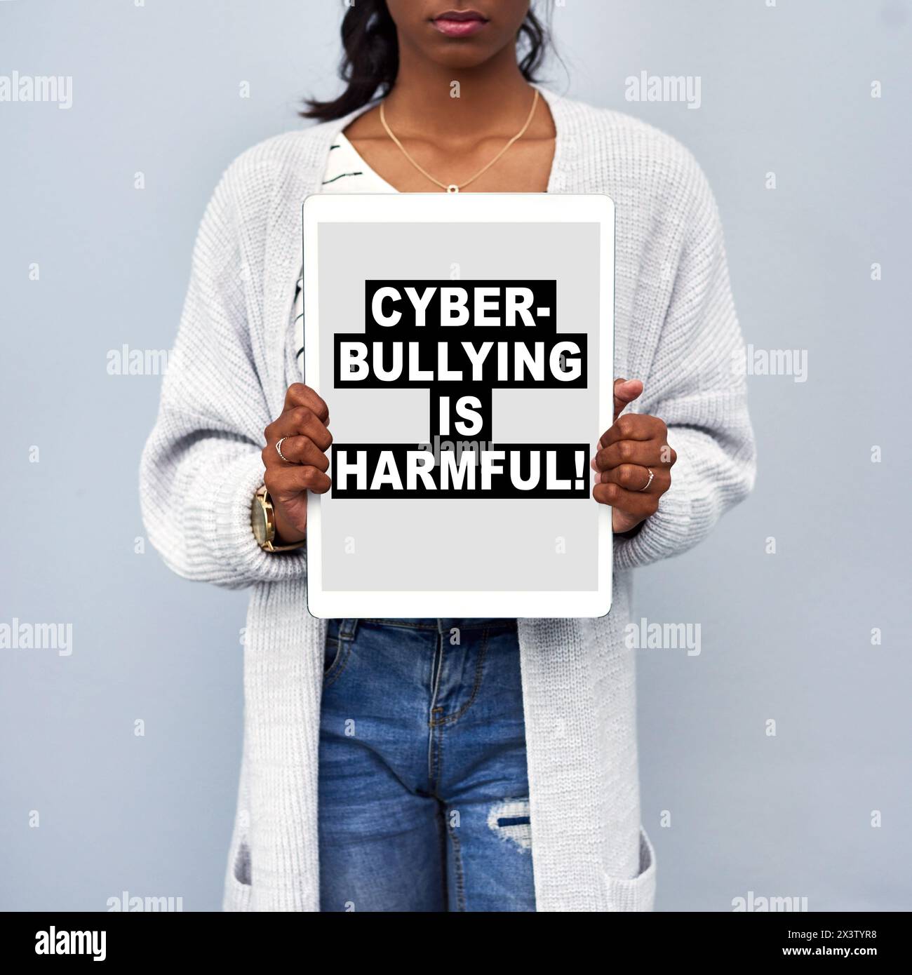 Screen, information and woman with tablet in studio for cyberbullying ...