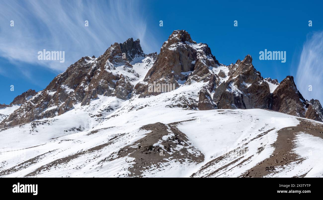 High mountains with snow and ice near the summit of the Fotula Pass in ...