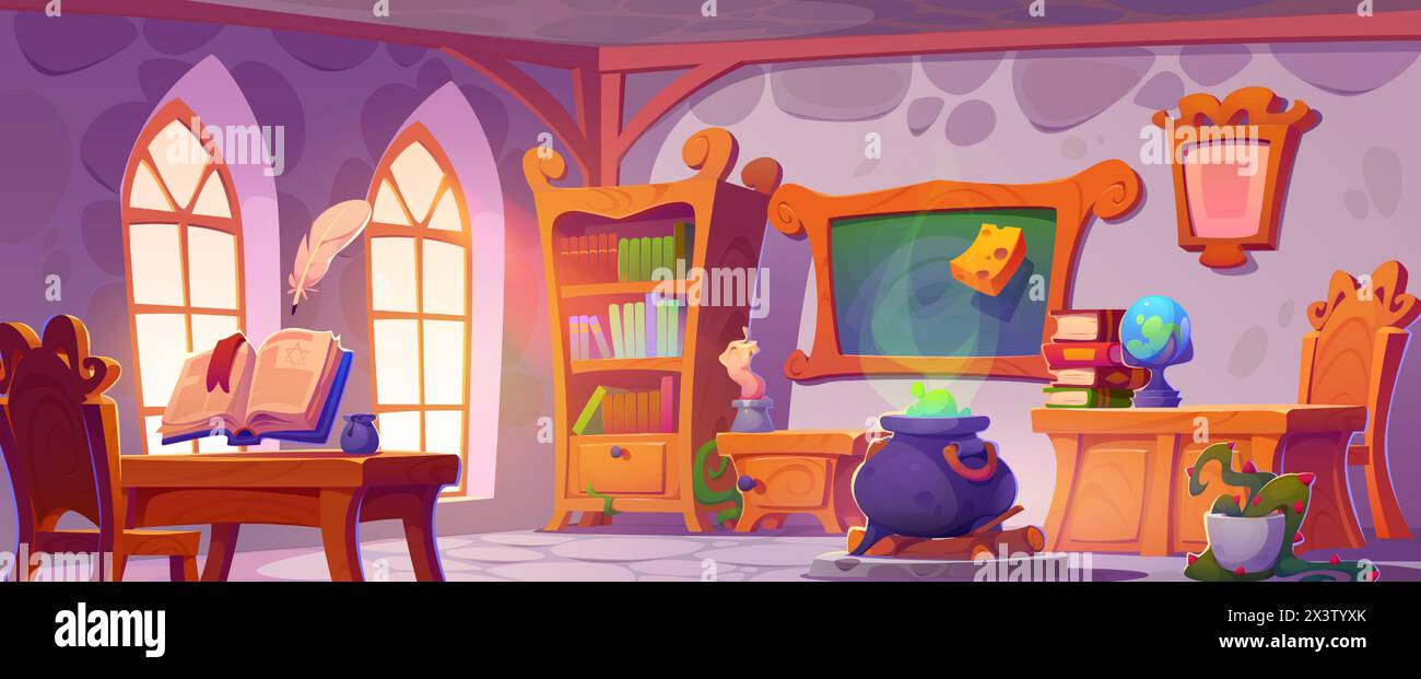 Magic school classroom interior. Vector cartoon illustration of room ...