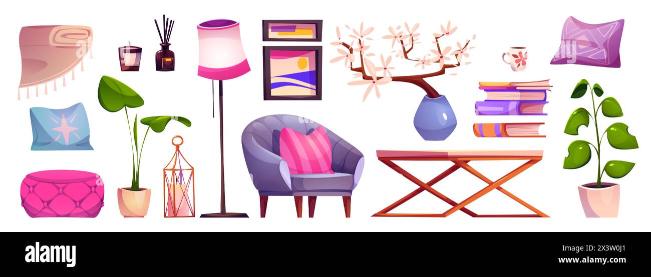 Living room interior furniture and decorative elements - pink ottoman ...