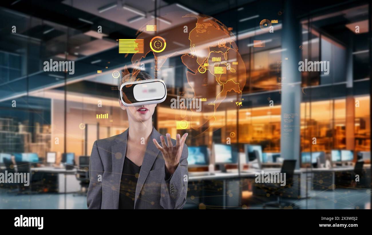 Woman taking up circle finance data dynamic world monitor by VR future global market interface ...