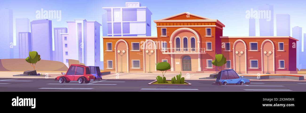 Cars parked near administration building in city. Vector cartoon ...