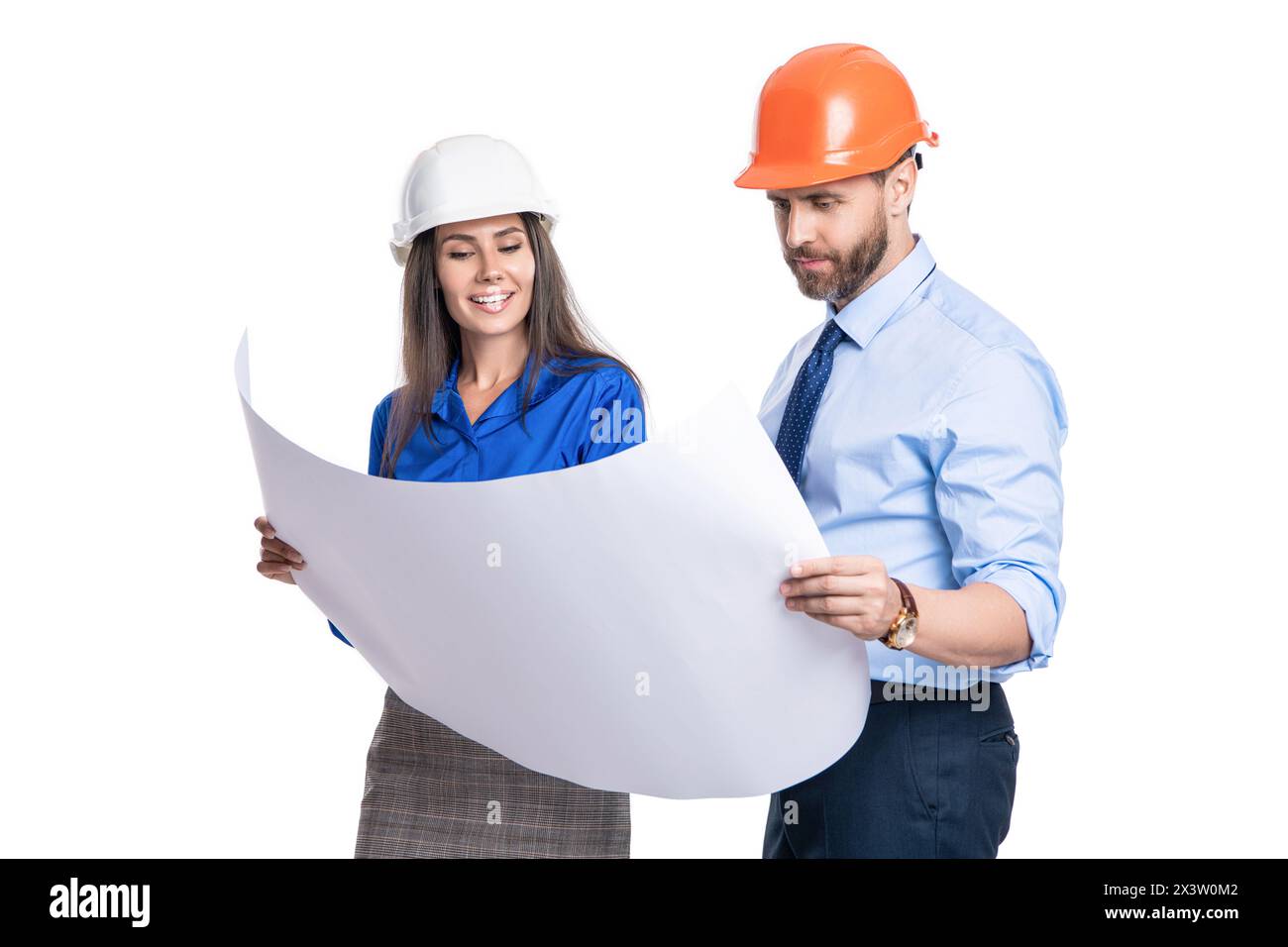 Supervisor engineer with blueprint. Plan construction project ...