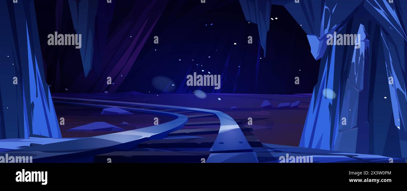 Mine cave with railway for game background. Crystal ore miner tunnel ...