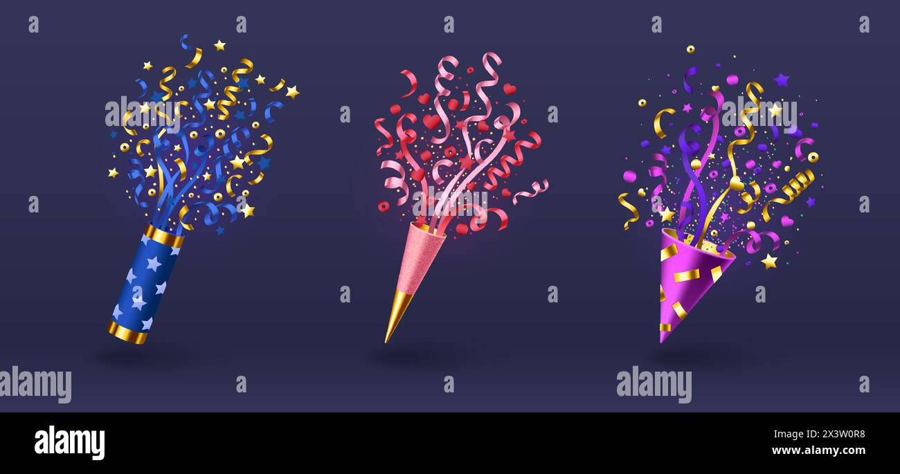 Birthday party confetti popper gift with carnival ribbon icon. Surprise ...