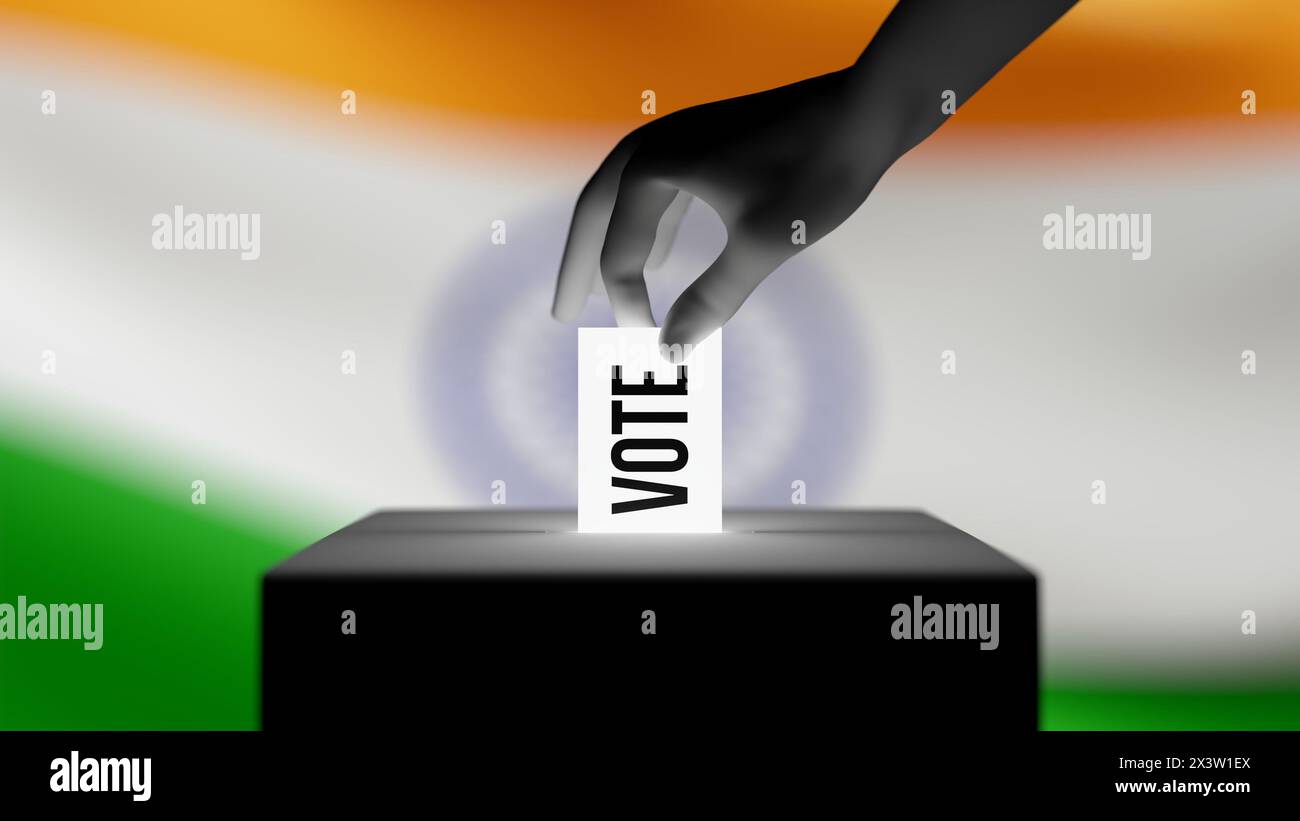 CGI hand casting vote in a ballot box. Indian flag in background. 3d ...
