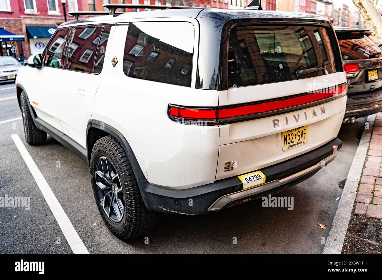New York City, USA - March 15, 2024: 2023 Rivian R1S modern white car ...