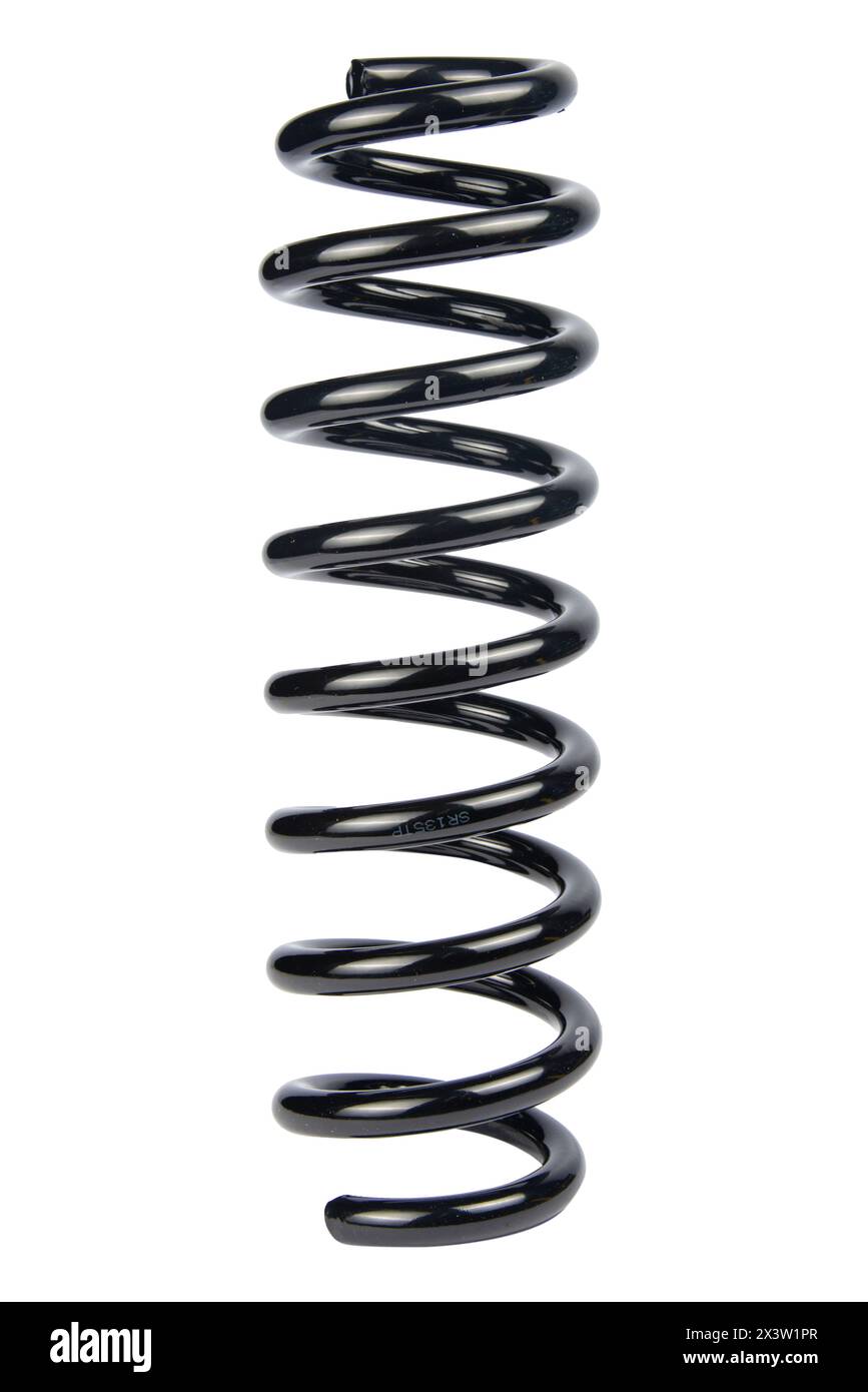 Car spare part. Large metal spring on white background. cushioning ...