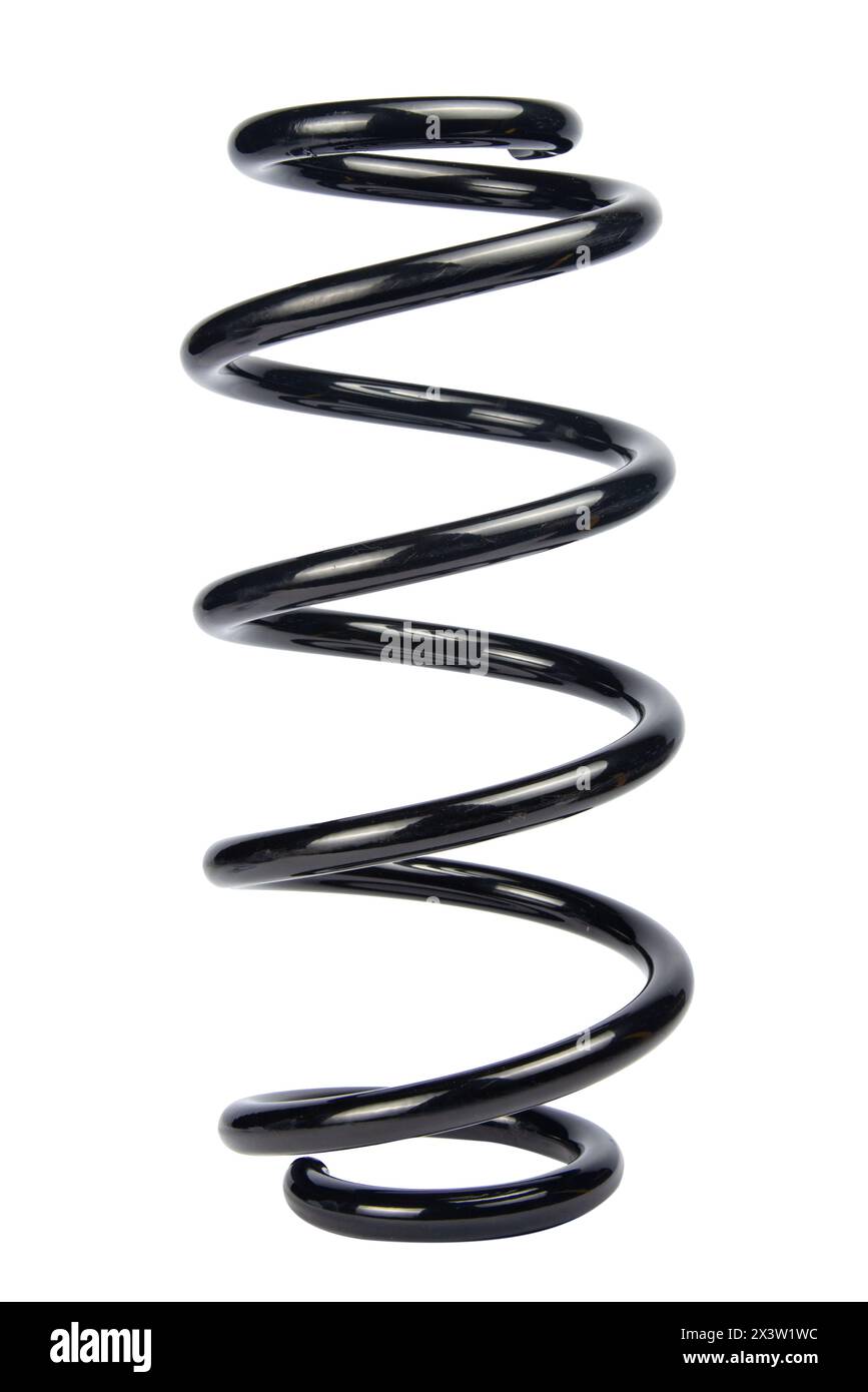 Car spare part. Large metal spring on white background. cushioning ...