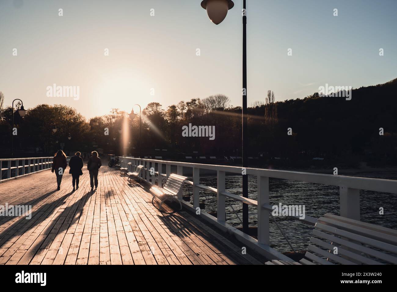 White Old wood bridge pier against beautiful sunset sky natural ...
