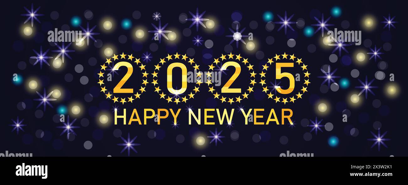 Happy New Year 2025. Greeting card with glittering stars and bokeh ...
