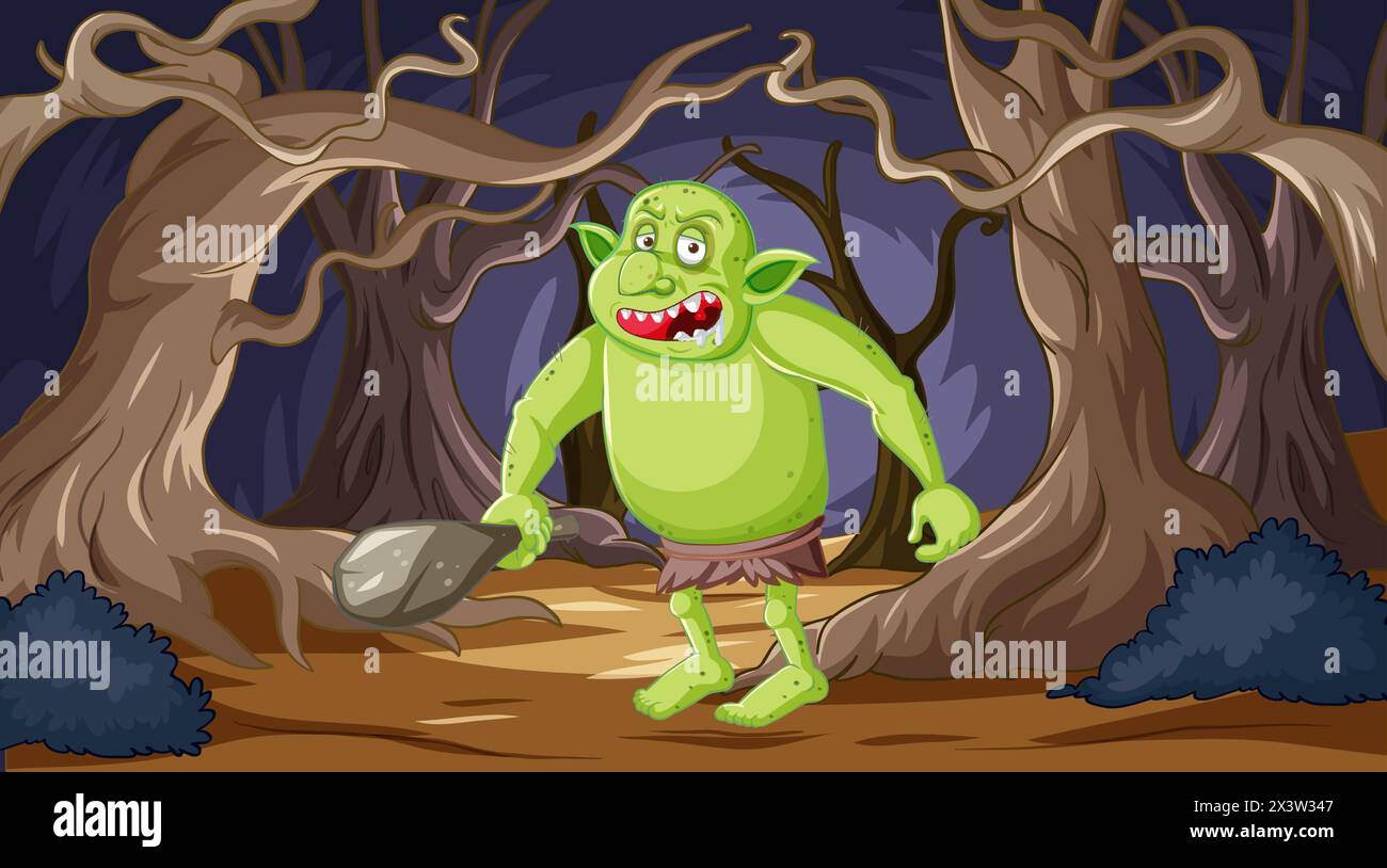 Cartoon ogre with a shovel in a dark forest Stock Vector Image & Art ...