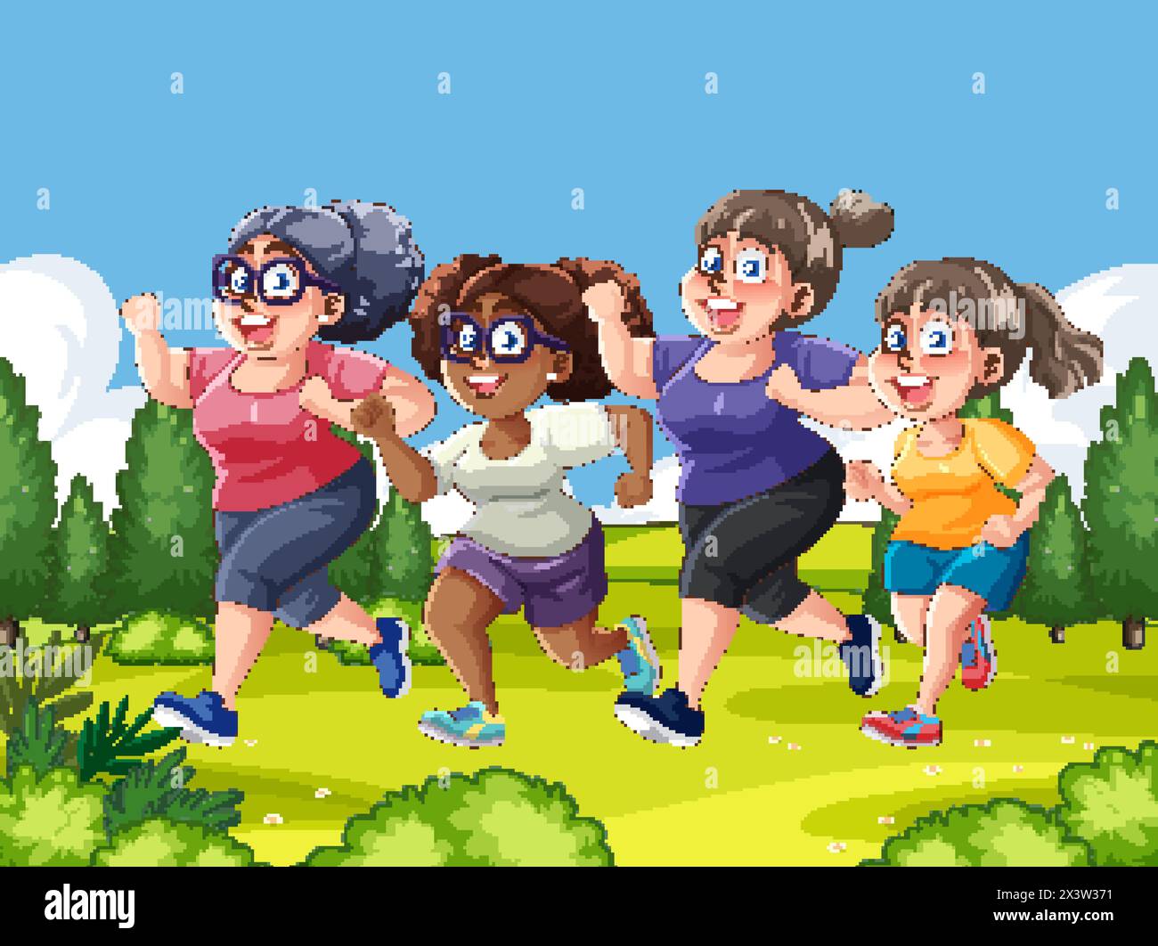 Four animated women running together outdoors Stock Vector Image & Art ...