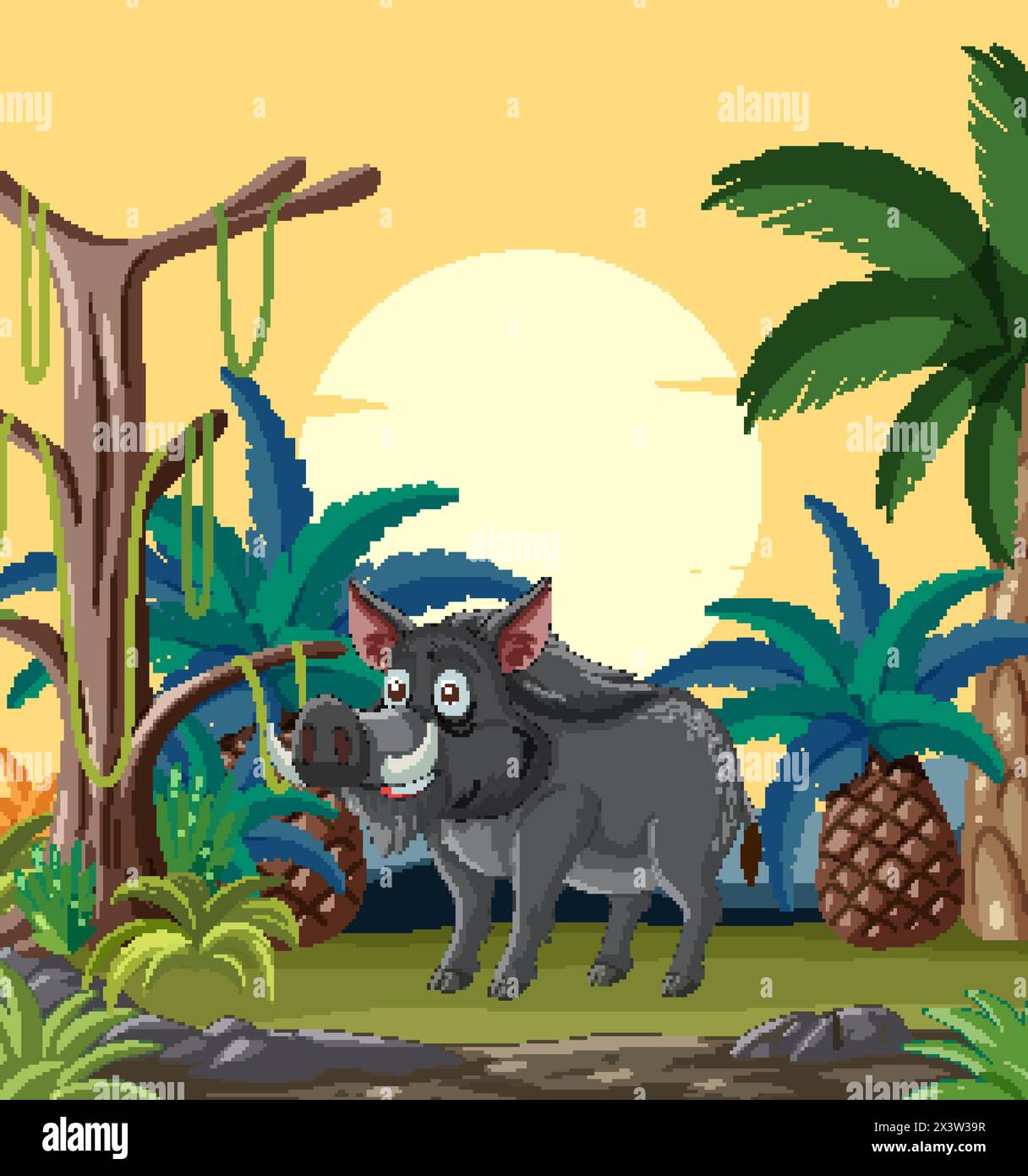 Vector illustration of a happy boar in a lush jungle Stock Vector Image ...