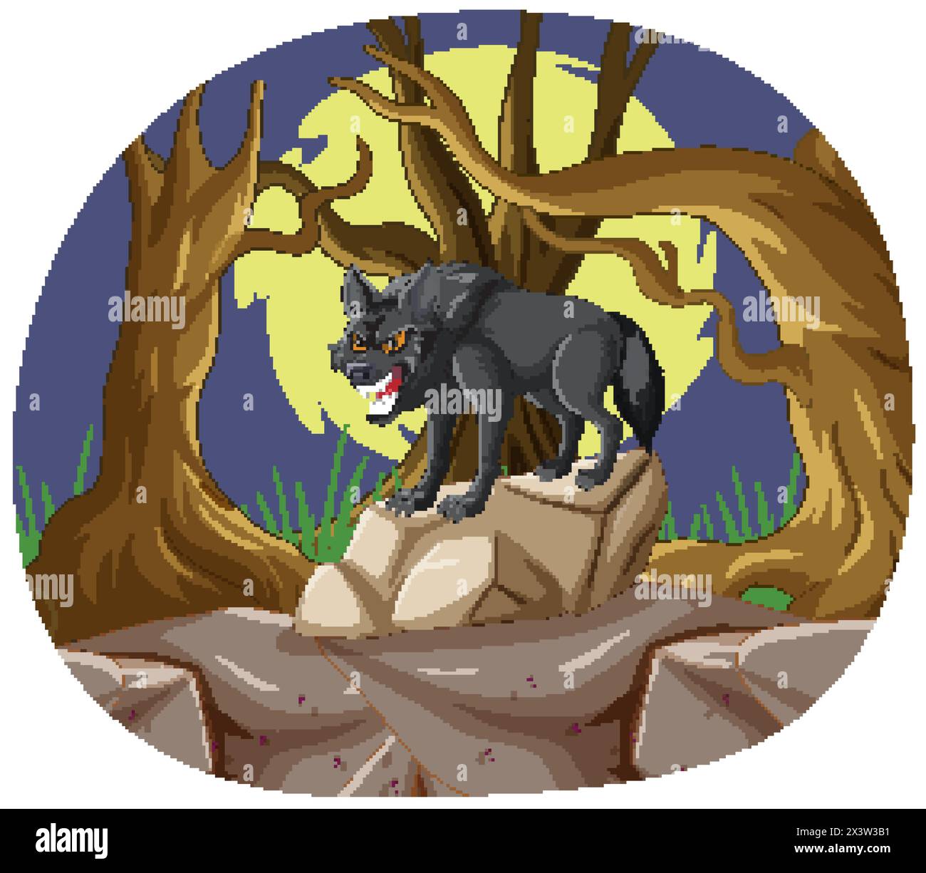 Illustration of a black wolf growling on rocks Stock Vector Image & Art ...