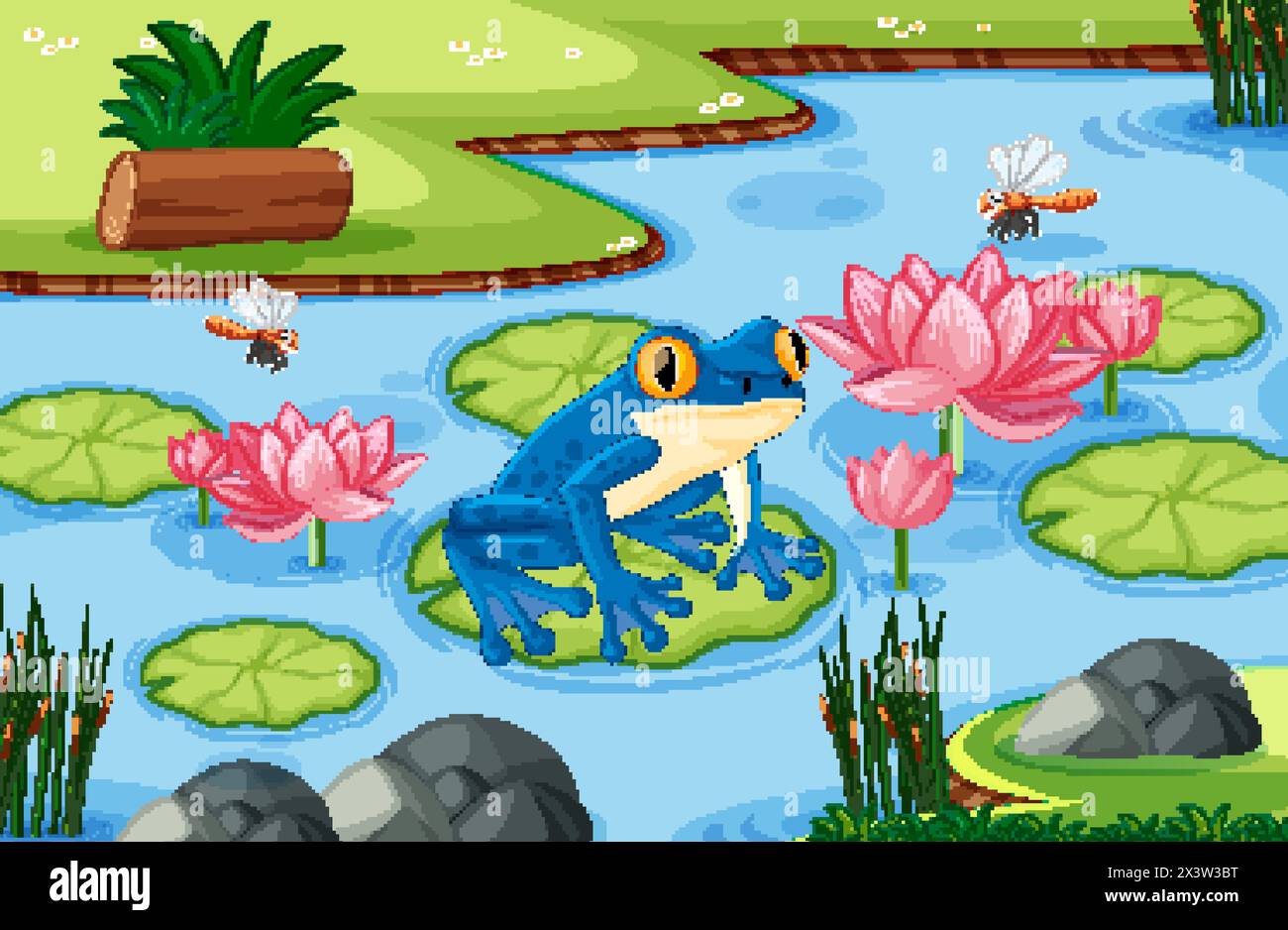 Illustration of a frog on a lily pad with flowers Stock Vector Image ...