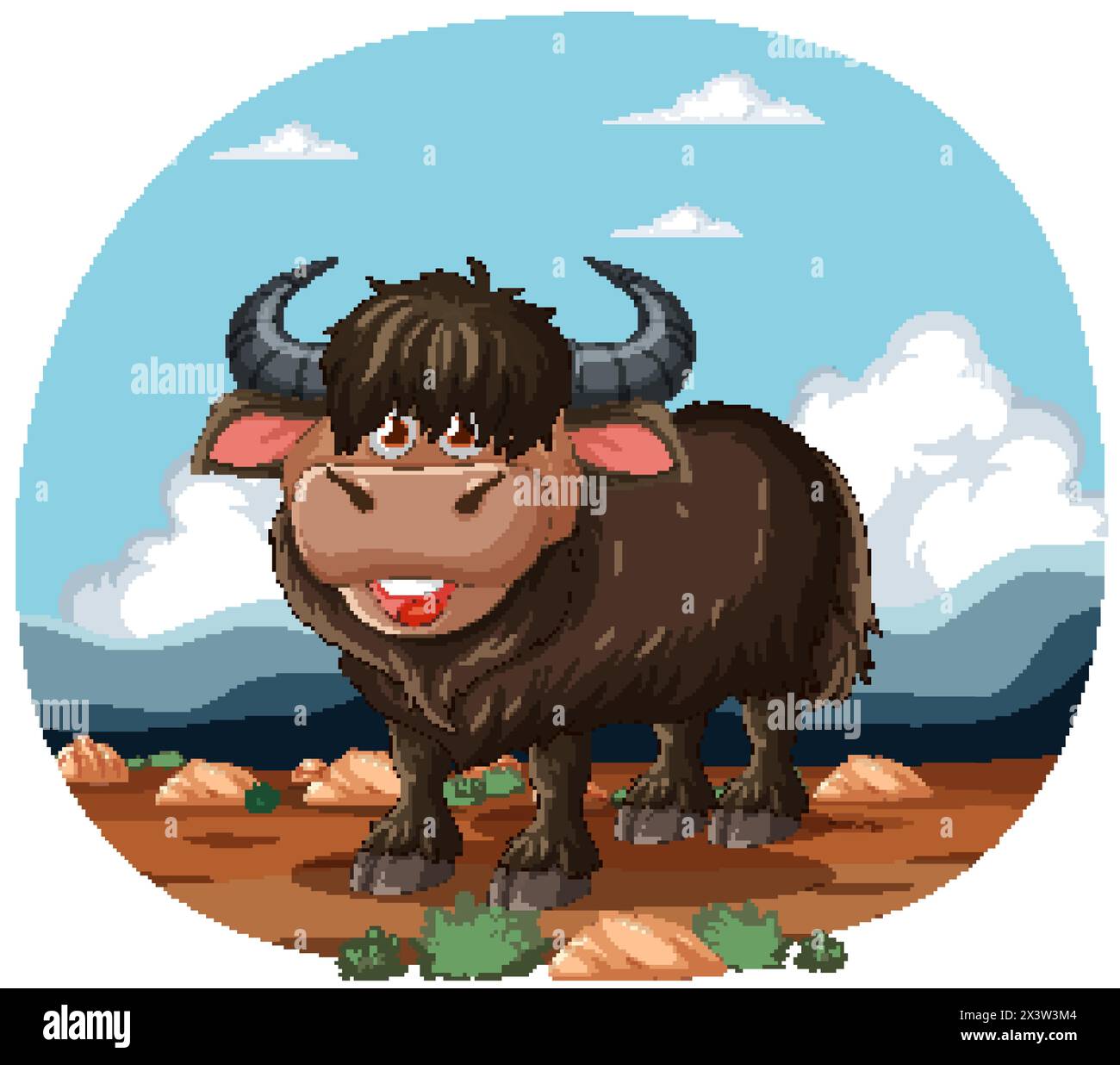 Cartoon yak smiling in a scenic mountain backdrop Stock Vector Image ...