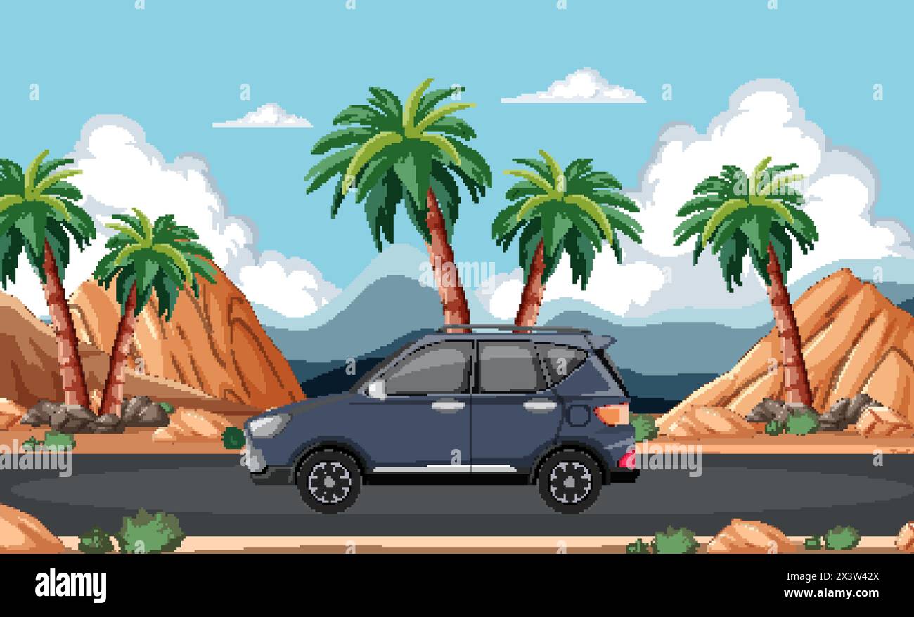 Blue car driving through a desert landscape Stock Vector Image & Art ...