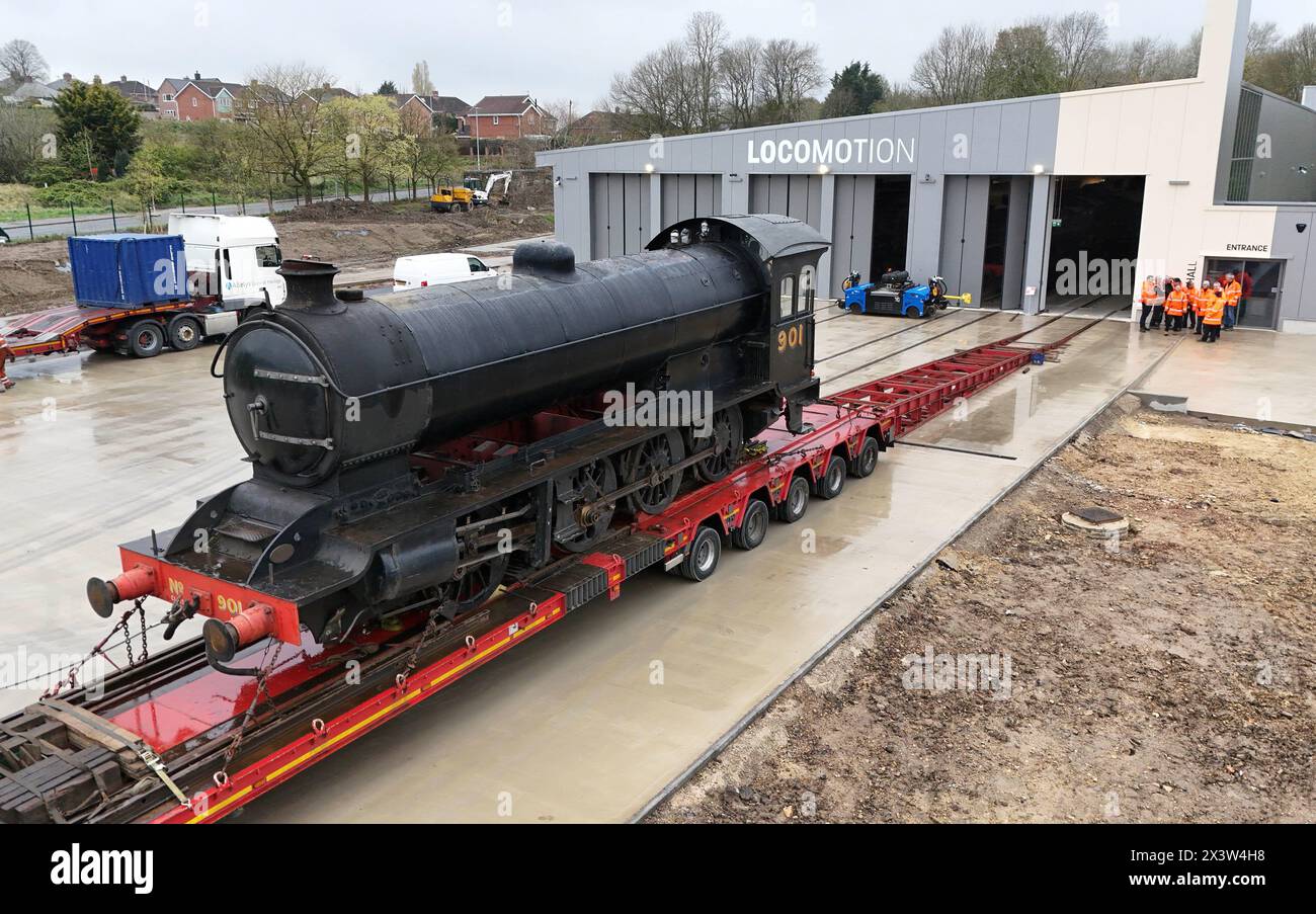 EDITORIAL USE ONLY Aerial views of the Q7 locomotive as it is moved ...