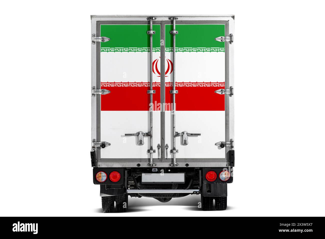 A truck with the national flag of Iran depicted on the tailgate drives ...