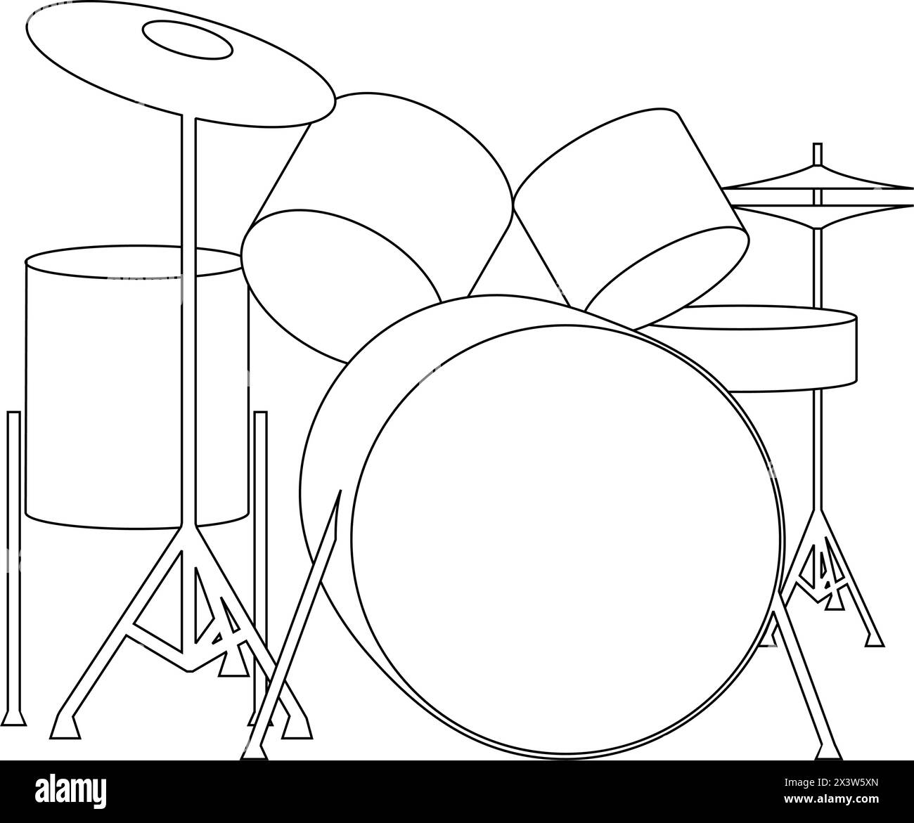 Detailed drum kit vector illustration in black and white line art style ...