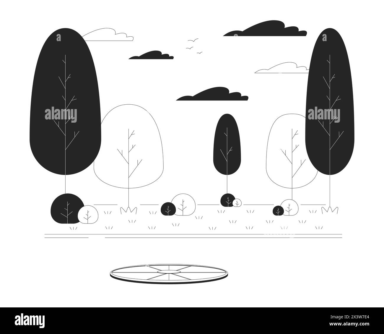 Sewage hatch on park road black and white cartoon flat illustration ...