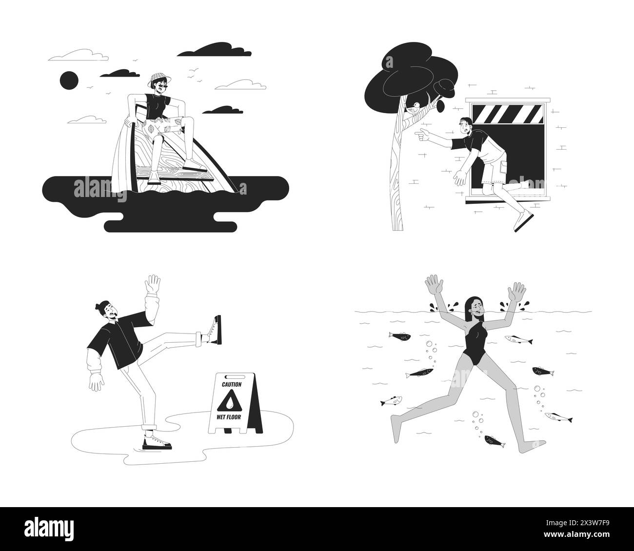 Multiracial people in dangerous situations black and white cartoon flat ...
