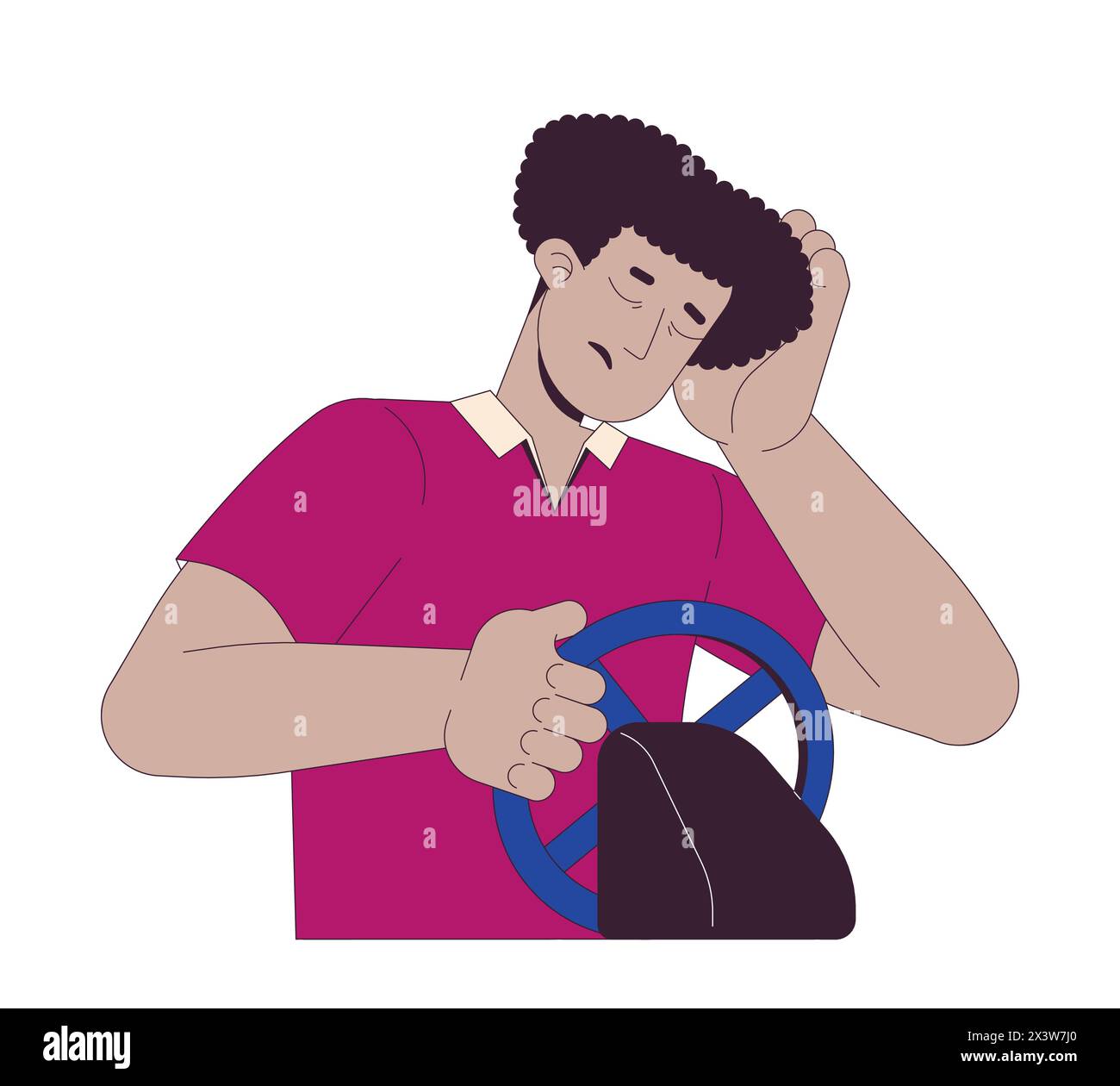 Exhausted latin american man driving car 2D linear cartoon character ...