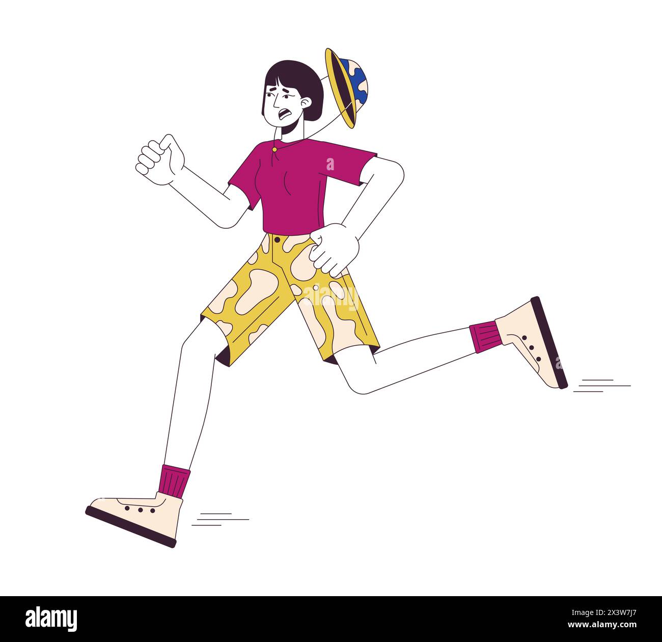 Scared asian female tourist running 2D linear cartoon character Stock ...