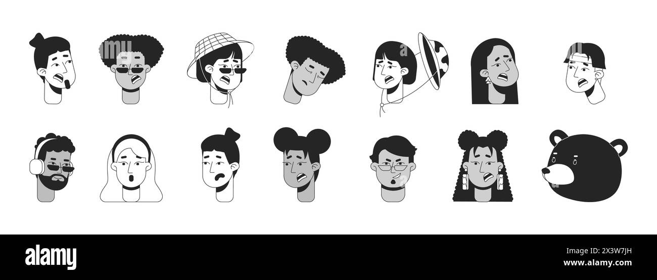 Diverse people and bear black and white 2D vector avatars illustration ...