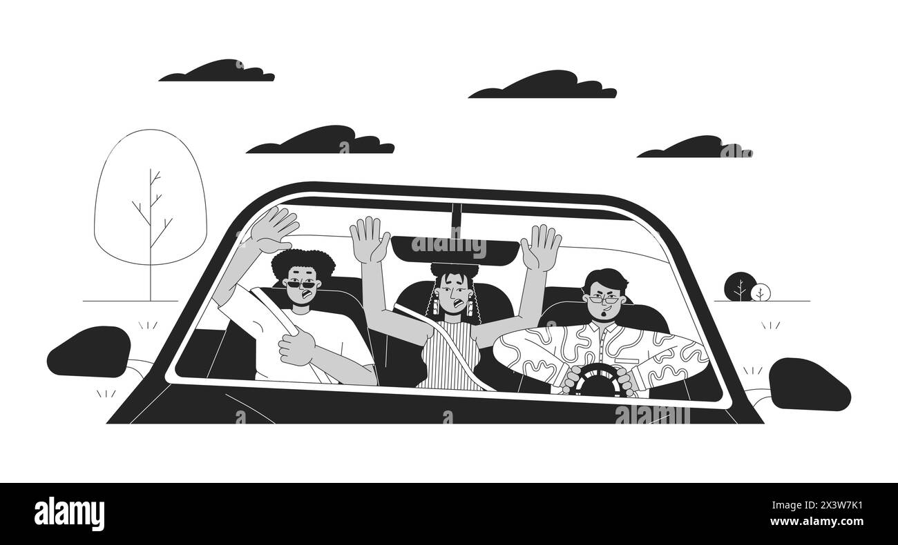 Friends scared by aggressive driving black and white cartoon flat ...