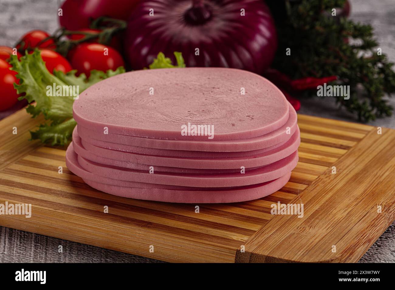 Boiled pork sliced sausage stack for breakfast Stock Photo - Alamy