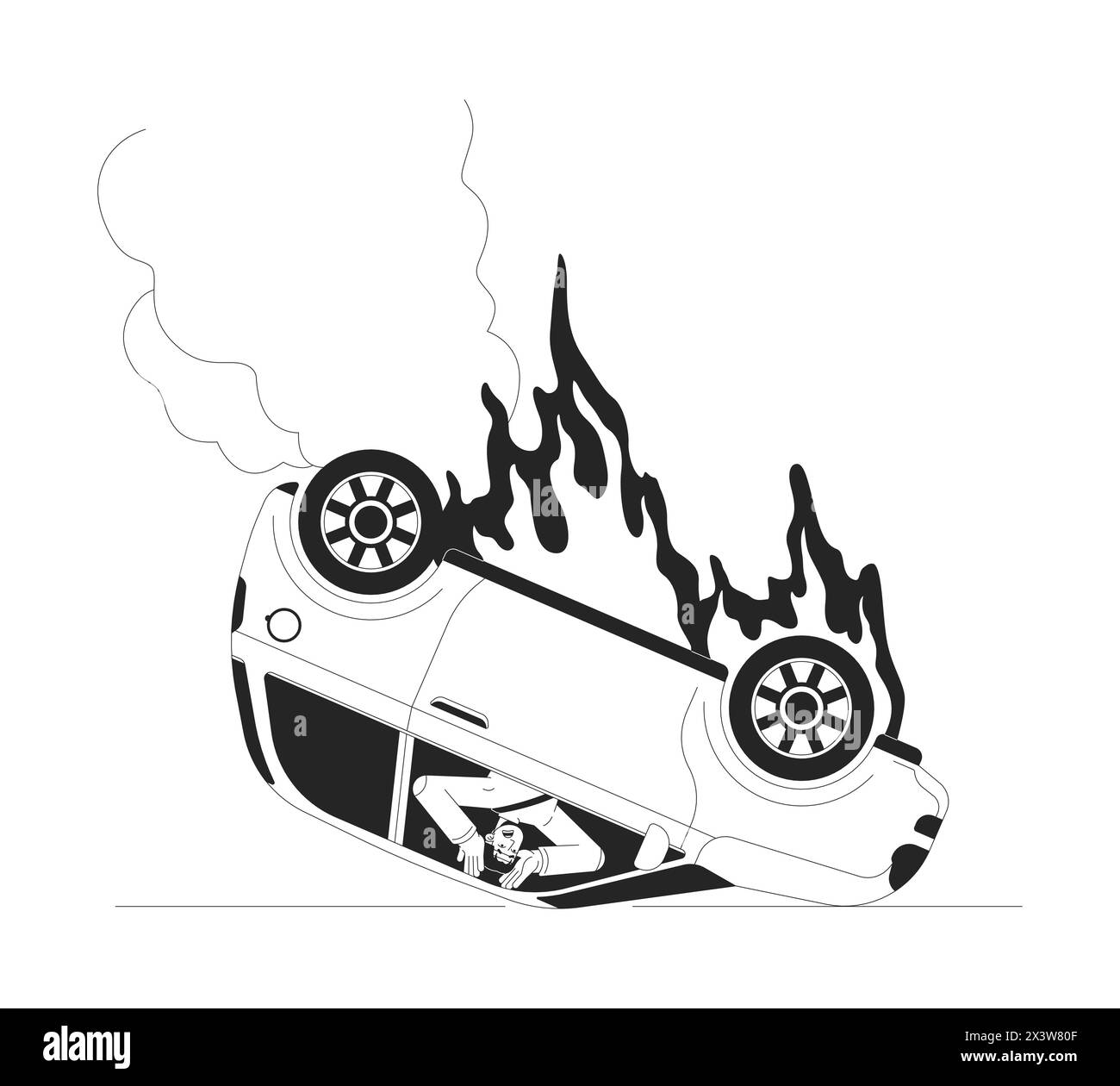 Car upside down on fire black and white cartoon flat illustration Stock ...