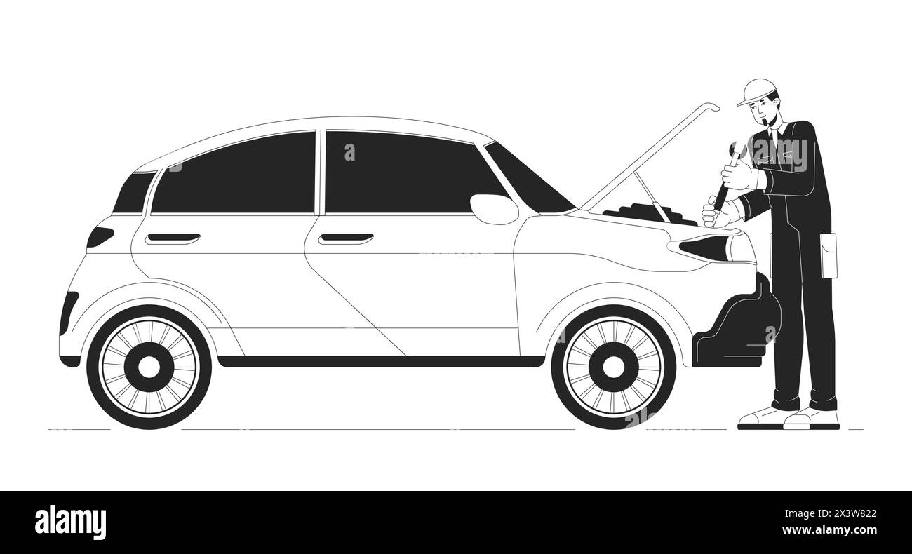 Caucasian male mechanic repairing car black and white cartoon flat ...